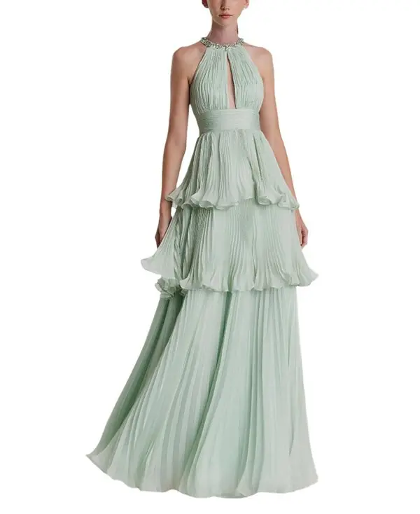 Mac Duggal High Neck Chiffon Tiered Gown With Cut Out - Mint