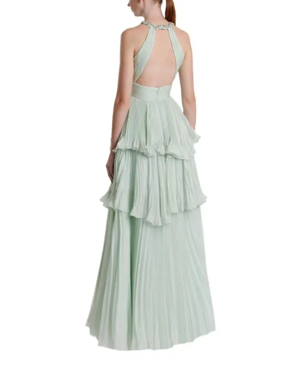 Mac Duggal High Neck Chiffon Tiered Gown With Cut Out - Mint
