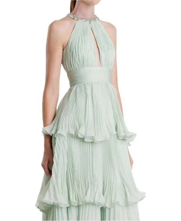 Mac Duggal High Neck Chiffon Tiered Gown With Cut Out - Mint