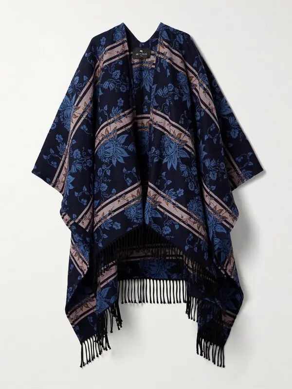 Etro Fringed Wool And Cotton-blend Jacquard Wrap - Blue
