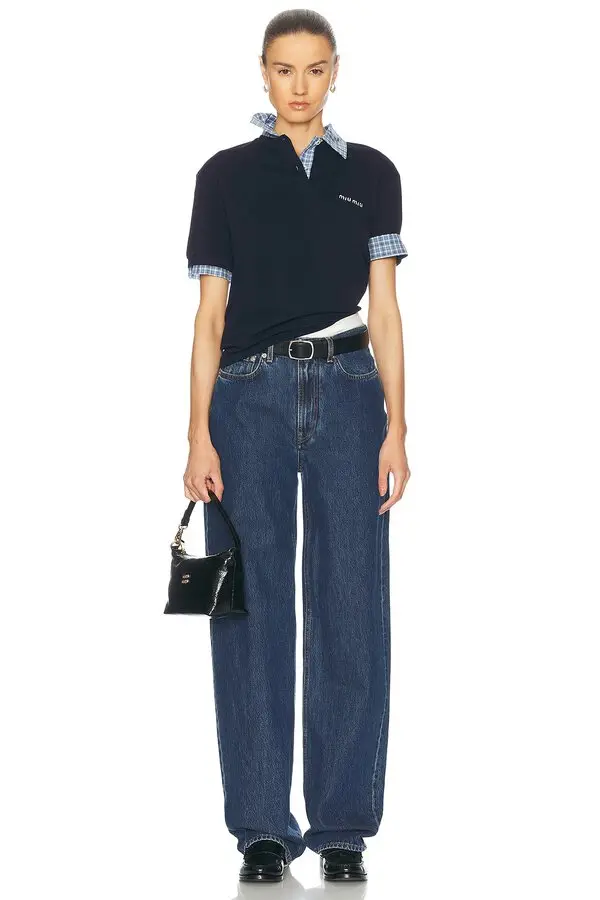 Miu Miu Short Sleeve Polo Top In Navy - Blue | Editorialist