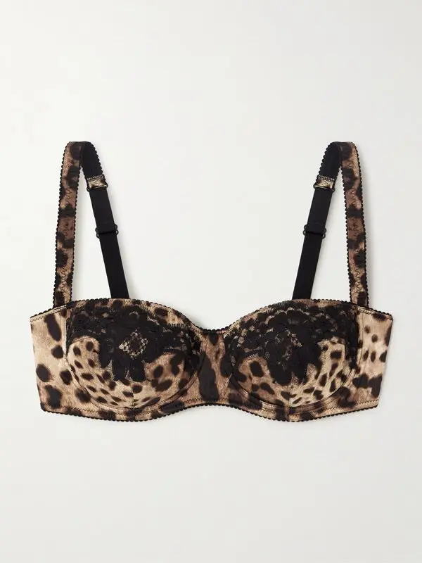 Dolce & Gabbana Lace-trimmed Leopard-print Silk-blend Satin Balconette Bra - Animal Print