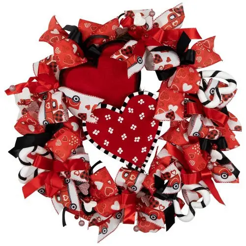 NORTHLIGHT Ribbon And Heart Small Valentine's Day Wreath17 - Red