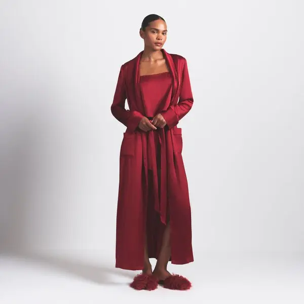 SKIMS Long Robe | Red | Small | Woven Shine - Brick
