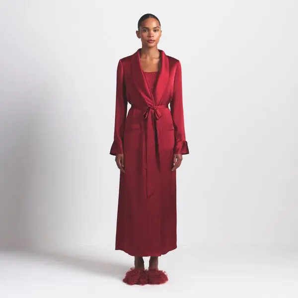 SKIMS Long Robe | Red | Small | Woven Shine - Brick