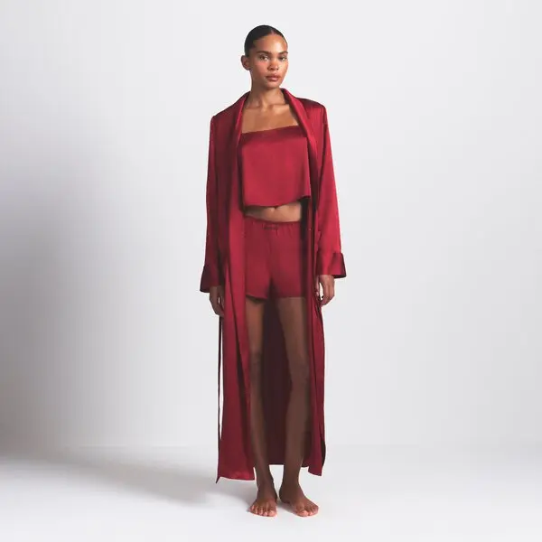 SKIMS Long Robe | Red | Small | Woven Shine - Brick