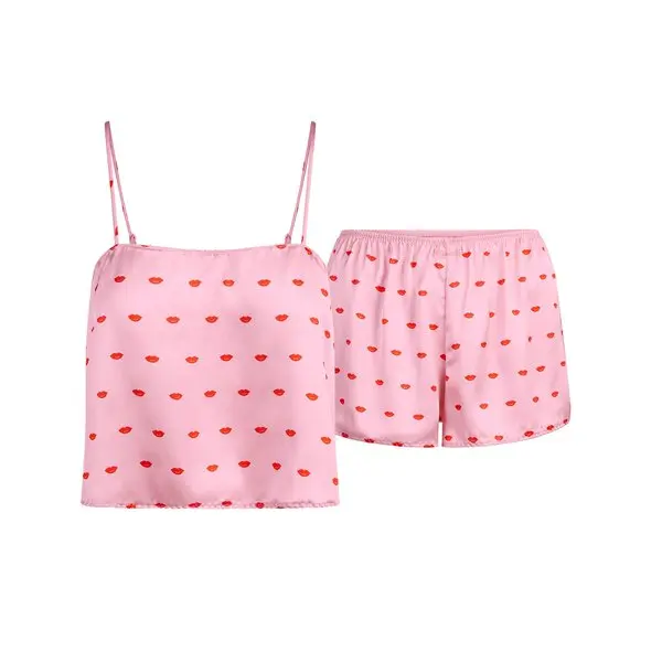 SKIMS Woven Shine Cami And Short Sleep Set - Halite Kims Lips Print