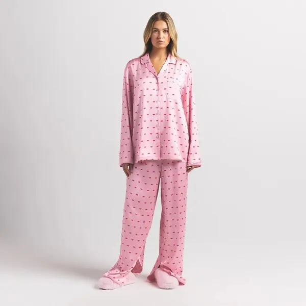 SKIMS Woven Shine Long Sleep Set - Halite Kims Lips Print
