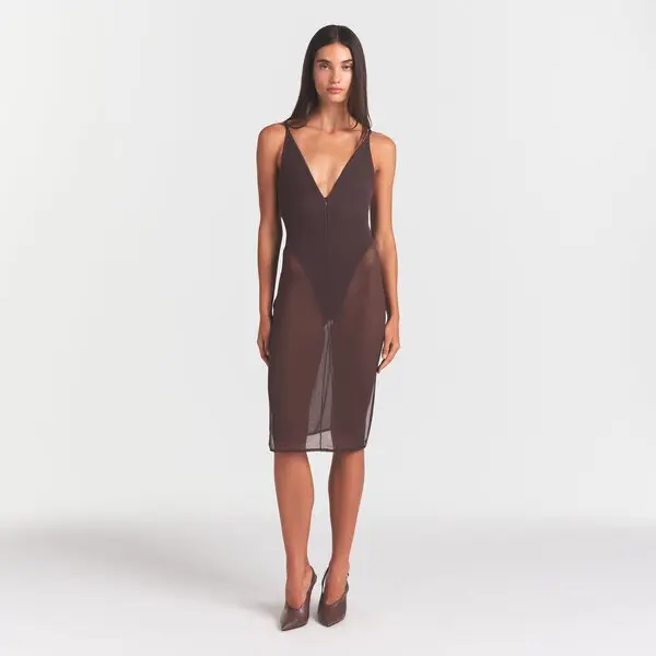 SKIMS Body Mesh Plunge Midi Dress - Raisin