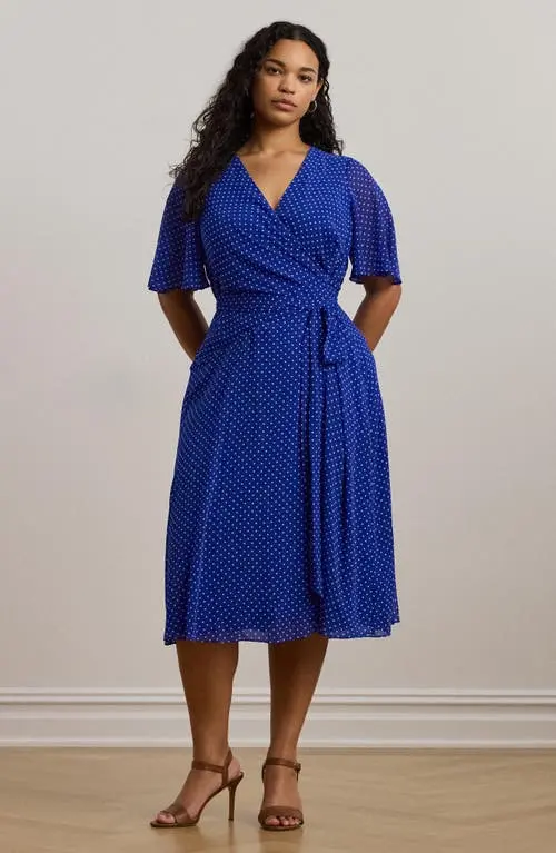 Ralph Lauren Surplice Flutter Sleeve Crinkle Georgette Midi Dress In  Blue/White - 50% Off | Editorialist