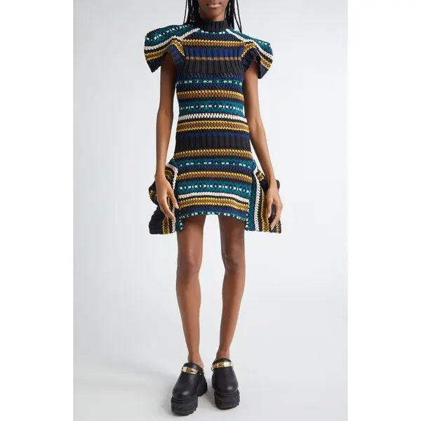 Sacai Stripe Mixed Stitch Sweater Dress In Black - 25% Off | Editorialist