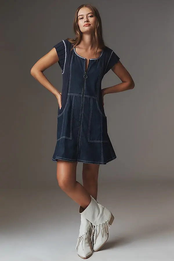 PILCRO Cap-sleeve Denim Mini Dress - Dark Denim
