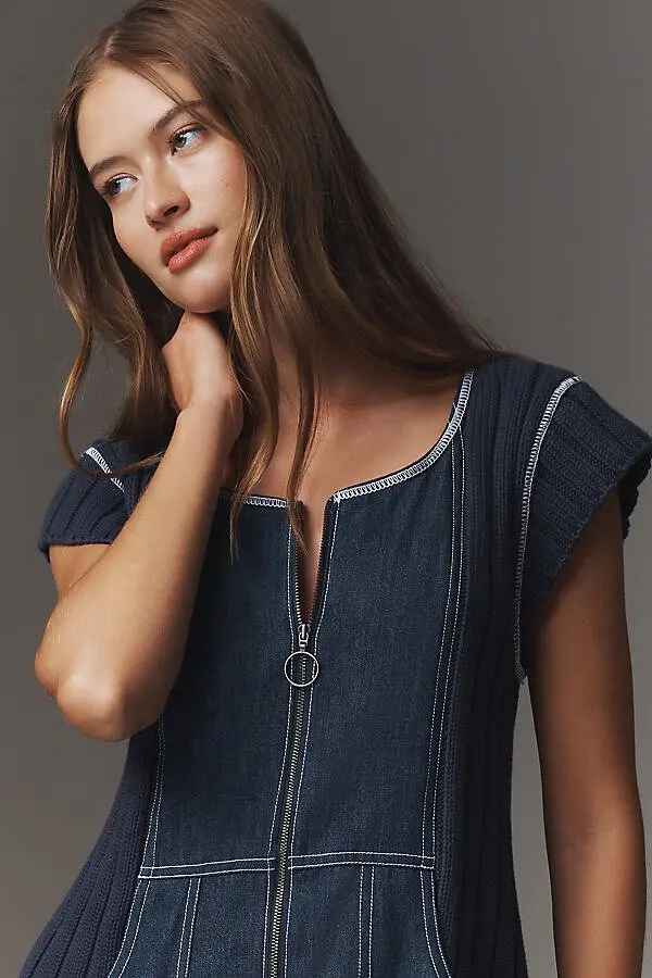 PILCRO Cap-sleeve Denim Mini Dress - Dark Denim