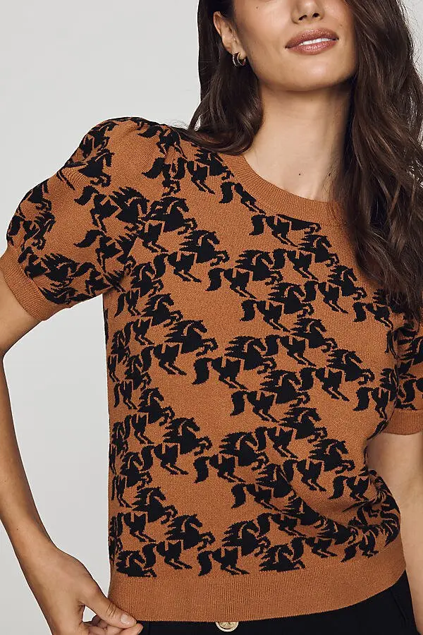 Maeve Puff Sleeve Sweater Tee With Floral Motif - Brown Pattern