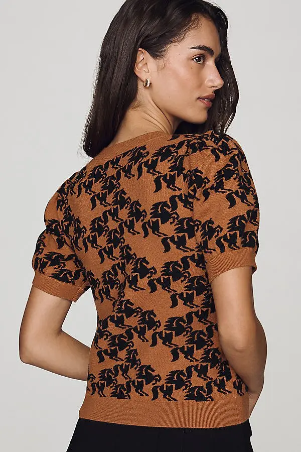 Maeve Puff Sleeve Sweater Tee With Floral Motif - Brown Pattern