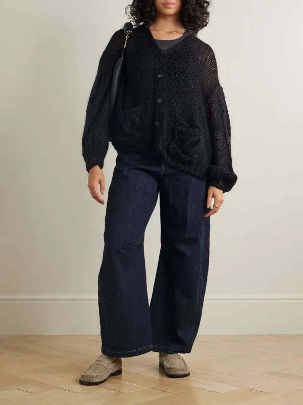 トップス LOEWE anagram black cardigan black L Loewe Anagram Embroidered Open-Knit Mohair-Blend Cardigan In Black