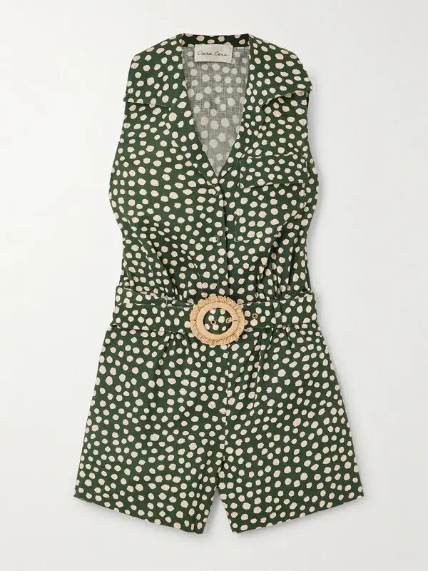 Cara Cara Yuki Belted Polka-dot Linen Playsuit - Green