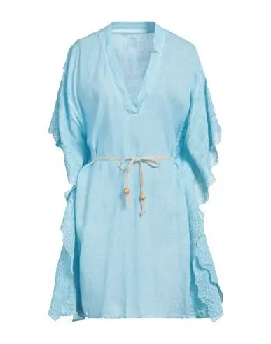 120% Lino Linen Mini Kaftan Dress With Lace - Blue