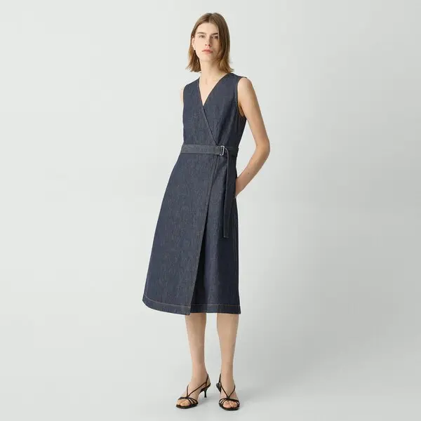 Theory Sleeveless A-line Wrap Denim Dress