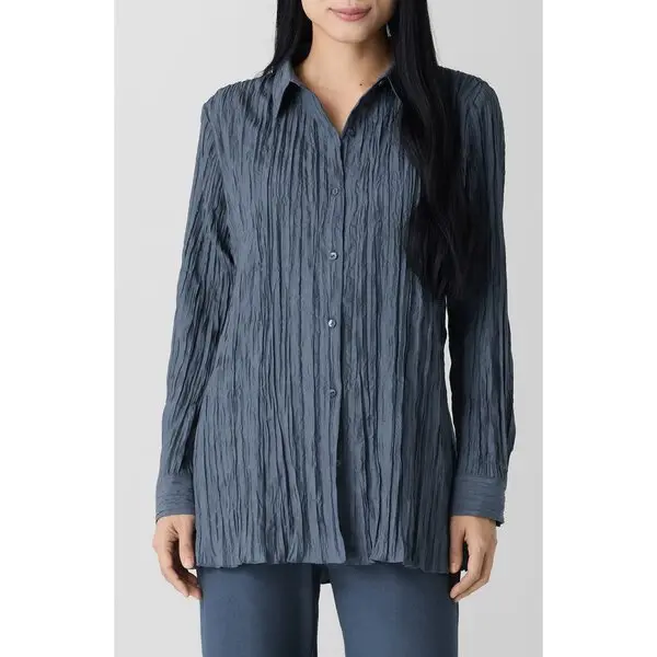 Eileen Fisher Plissé Silk Tunic Shirt - Eclipse