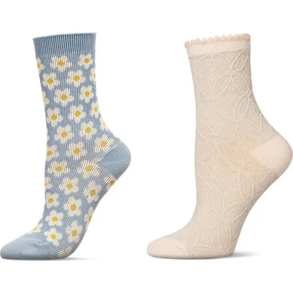 MEMOI Fashion Floral Crew Socks 2-pack - Light Blue