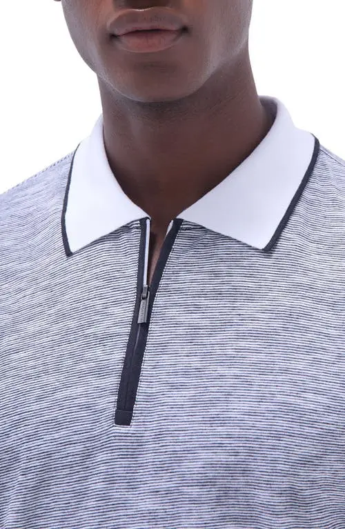 Bugatchi Cotton & Linen Quarter Zip Polo - Black