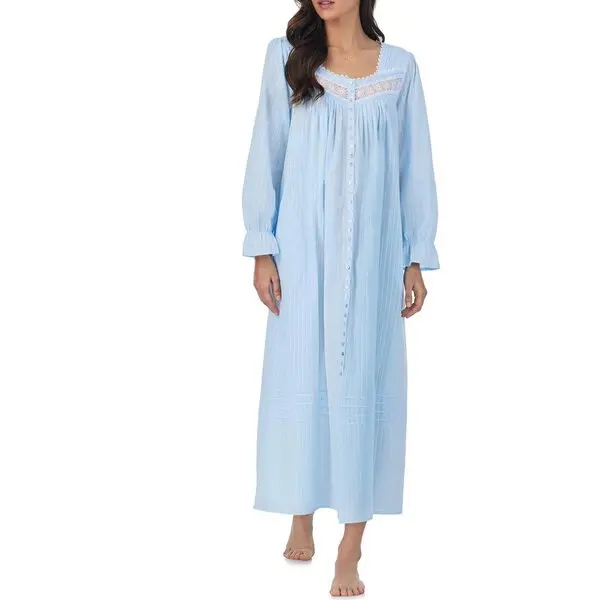 Eileen West Long Sleeve Cotton Dobby Nightgown - Blue