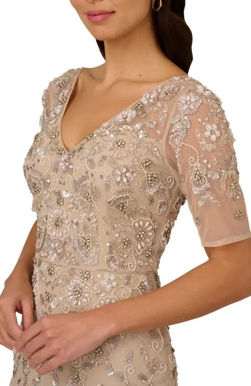Adrianna Papell Beaded Mesh Gown - Biscotti | Editorialist