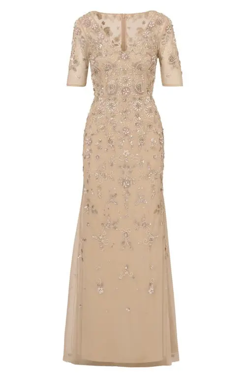Adrianna Papell Beaded Mesh Gown - Biscotti | Editorialist