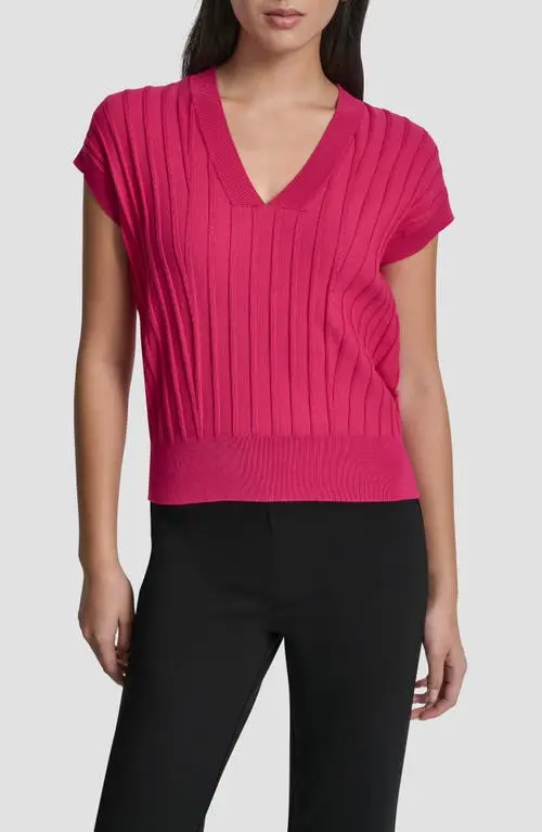 Dkny Ribbed Short Sleeve Sweater - Hot Pink