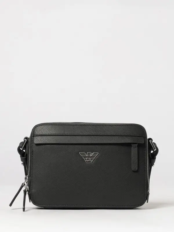Emporio Armani Regenerated Leather Messenger Bag With Eagle Logo - Black