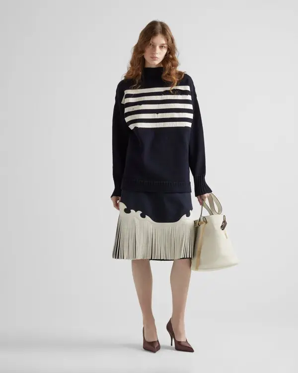 Prada Rush Stitch Flared Skirt With Leather Fringe