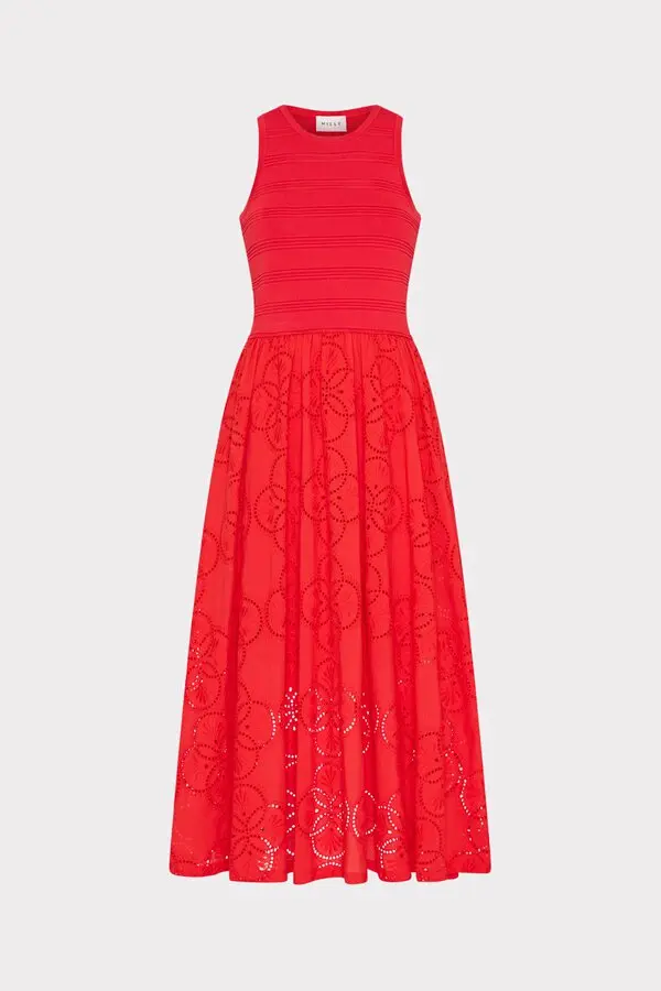 MILLY Geo Eyelet Knit Combo Midi Dress - Red