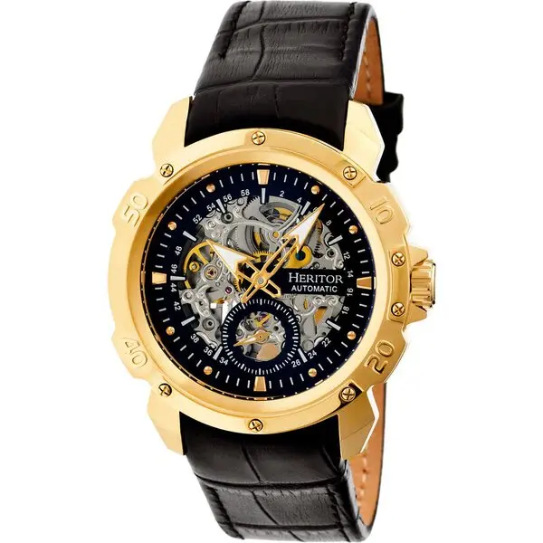HERITOR AUTOMATIC Conrad Skeleton Leather-band Strap Watch - Gold/black