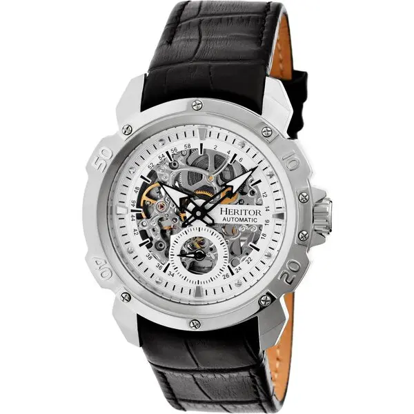 HERITOR AUTOMATIC Conrad Skeleton Leather-band Strap Watch - Silver