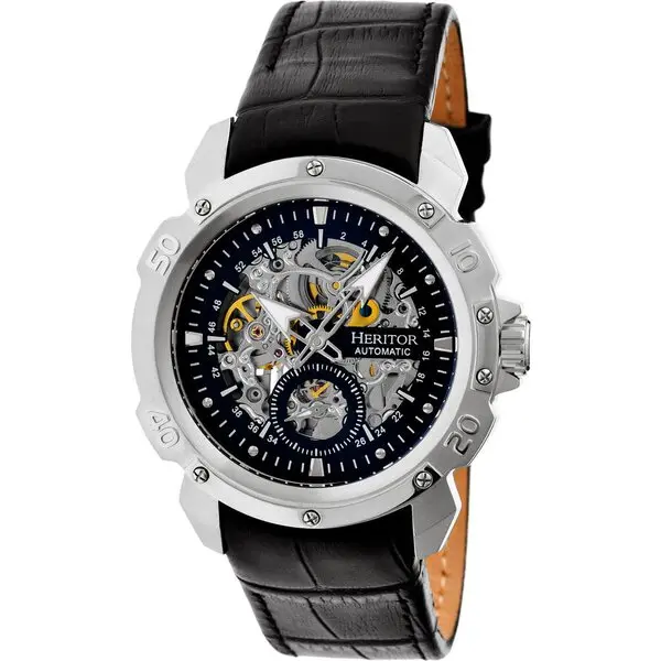 HERITOR AUTOMATIC Conrad Skeleton Leather-band Strap Watch - Silver/black