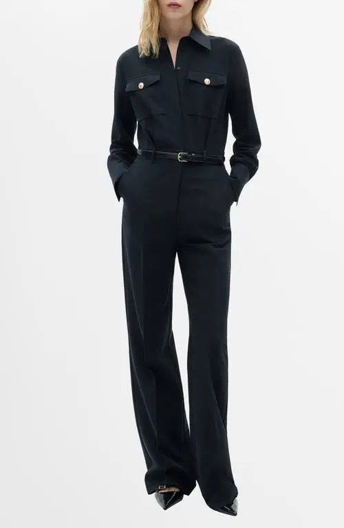 Mango Long Sleeve Belted Jumpsuit - Dark Navy