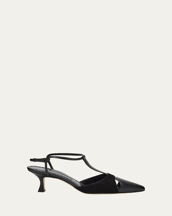 Manolo Blahnik Mixed Leather T-strap Pumps