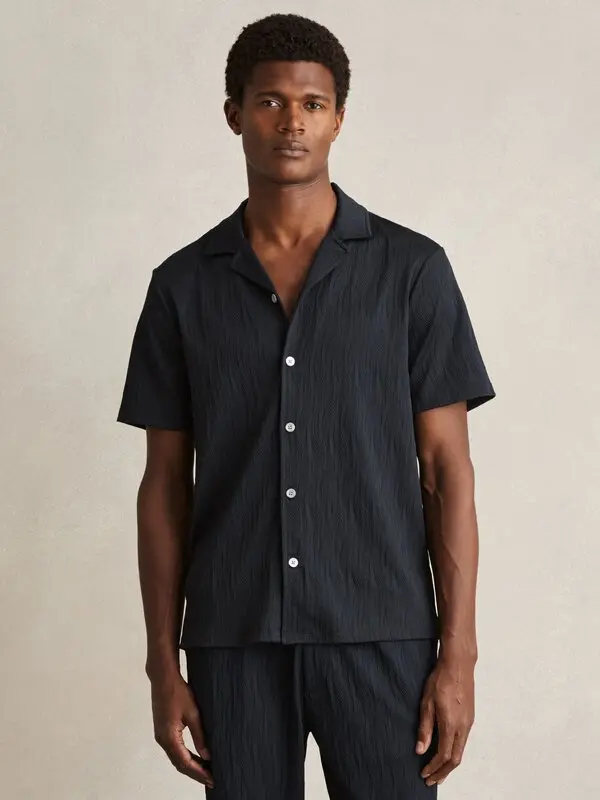 REISS Elio Wave-jacquard Cuban-collar Shirt