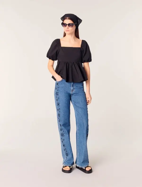 Maje Cotton Jeans With Rhinestone And Bead Embellishments