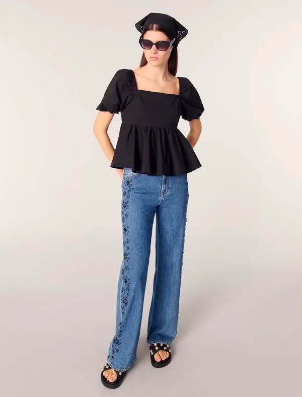 Maje Cotton Jeans With Rhinestone And Bead Embellishments
