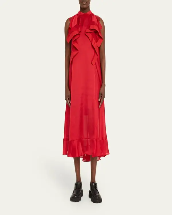 Sacai Ruffle Front Satin Maxi Dress - Red | Editorialist