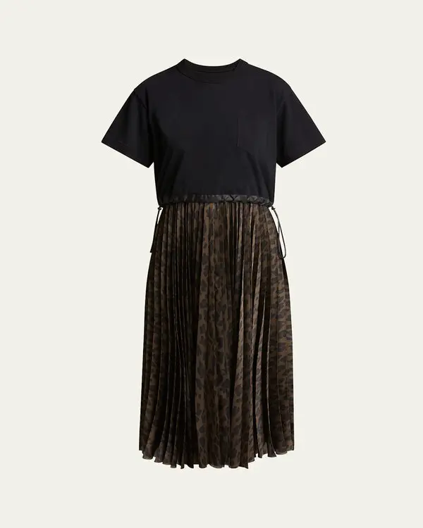 Sacai Leopard Pleated Midi T-Shirt Dress Brown X Black