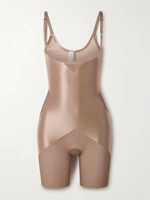 Spanx Spanxshape Satin-x Open-bust Mid-thigh Bodysuit - Brown