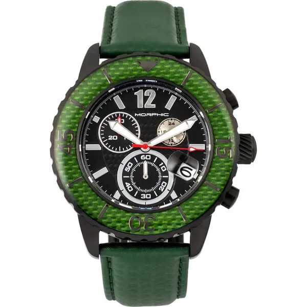 MORPHIC Chronograph Leather-band Strap Watch - Black/green