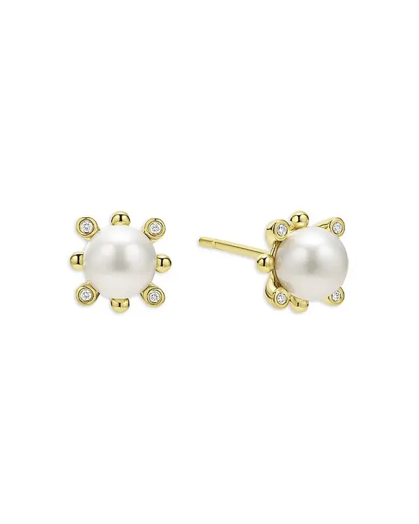 Lagos 18k Yellow Luna Pearl & Diamond Fleur Stud Earrings - Gold