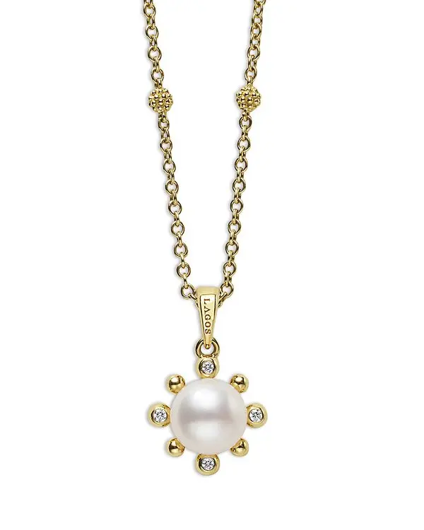 Lagos 18k Yellow Luna Pearl And Diamond Fleur Pendant Necklace - Gold