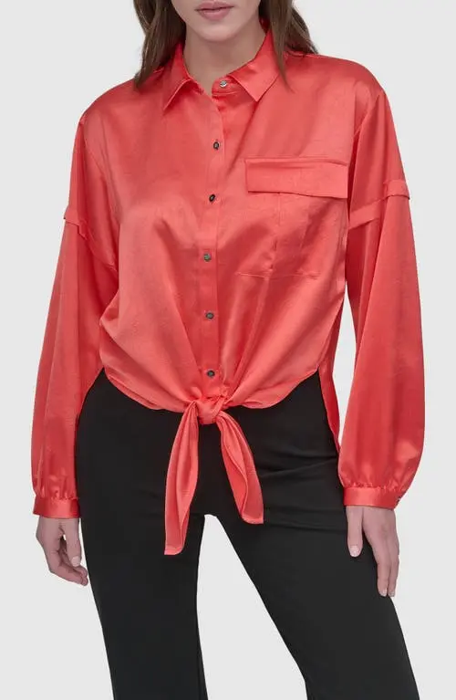 Dkny Tie-front Satin Shirt - Coral Crus