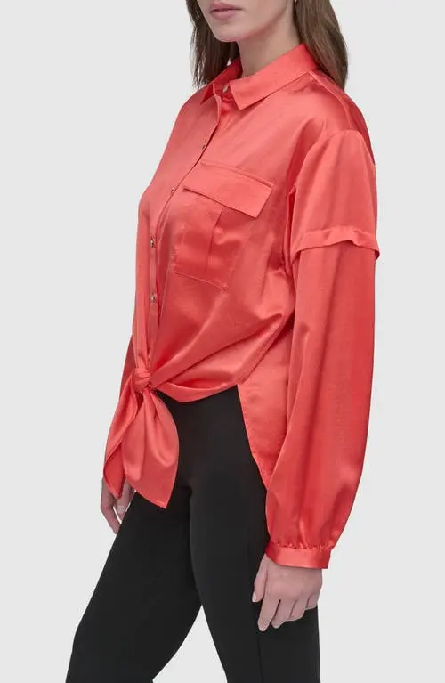 Dkny Tie-front Satin Shirt - Coral Crus