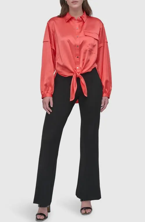 Dkny Tie-front Satin Shirt - Coral Crus